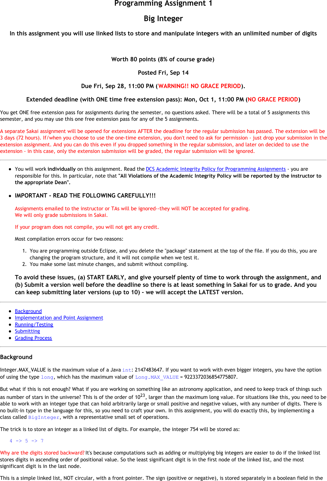 CS112 Fall 2018: Programming Assignment 1 Big Integer Instructions