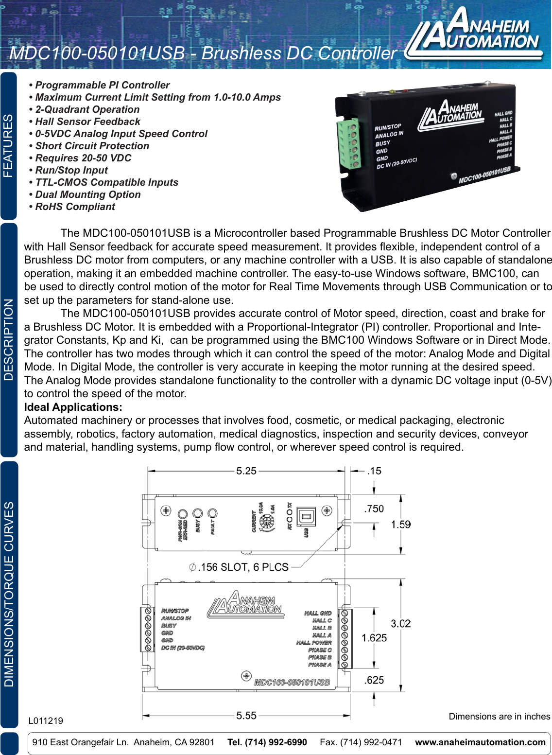 L011219 MDC100 050101USB Spec Sheet