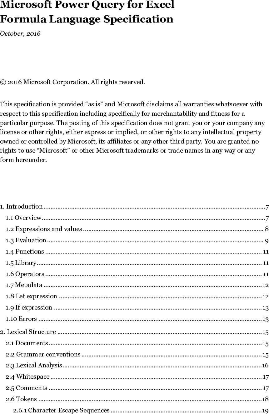 Power Query Formula Language Specification M Reference Guide