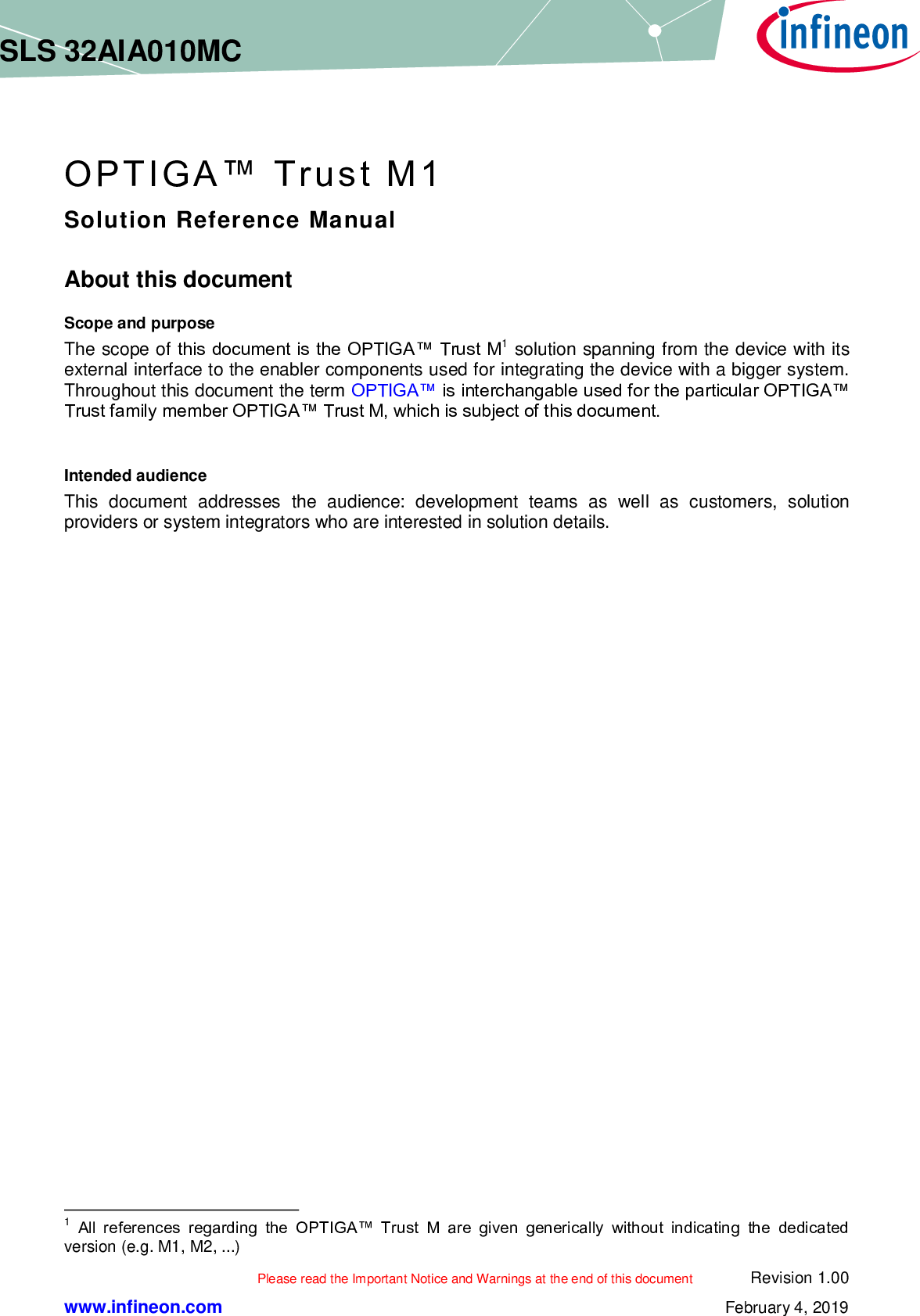 OPTIGA™ Trust M1 OPTIGA Solution Reference Manual V1.00