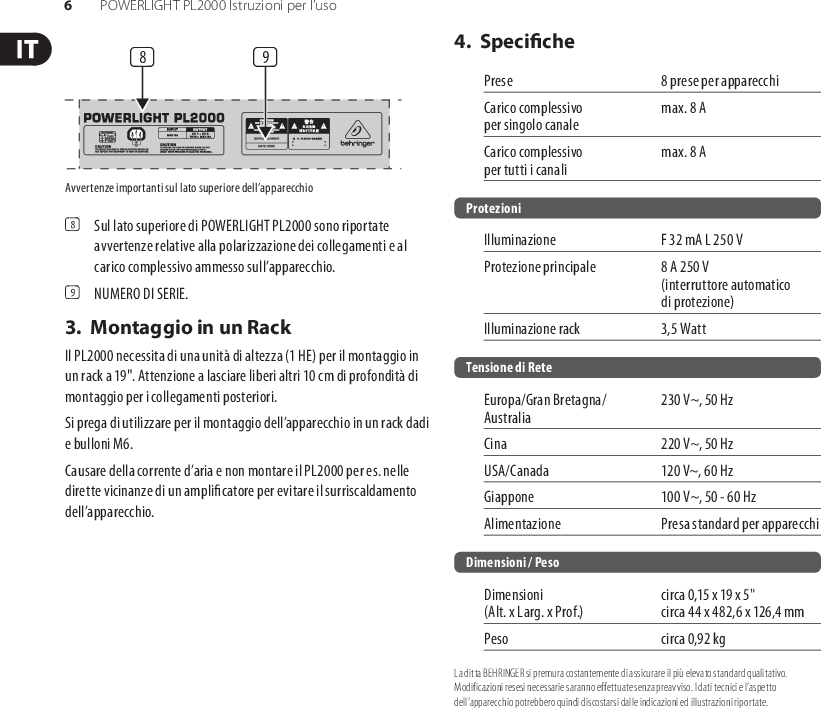 POWERLIGHT PL2000 Behringer User Manual (Italian) P0247 M IT
