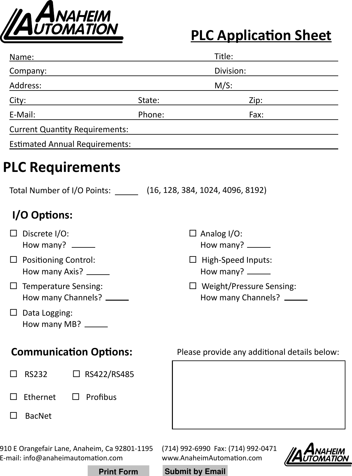 PLC Application Sheet