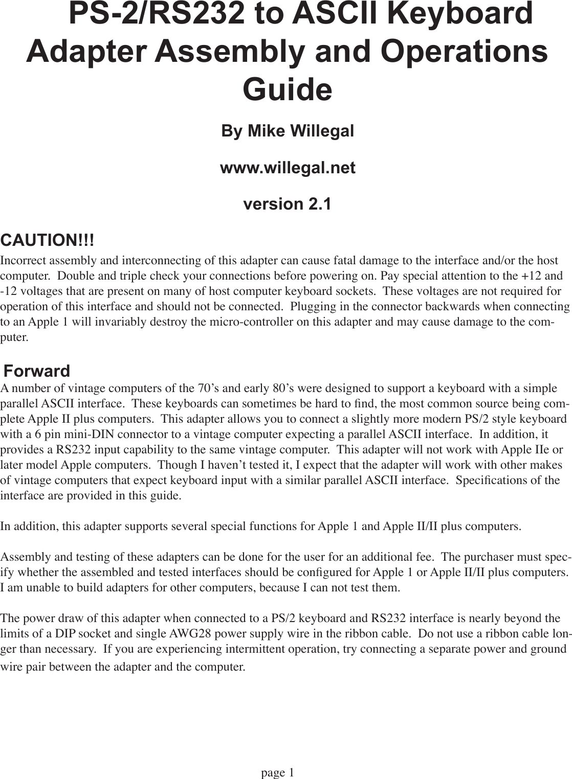 PS2 RS232 To ASCII Keyboard Adapter Assembly And Operations Guide V2.1