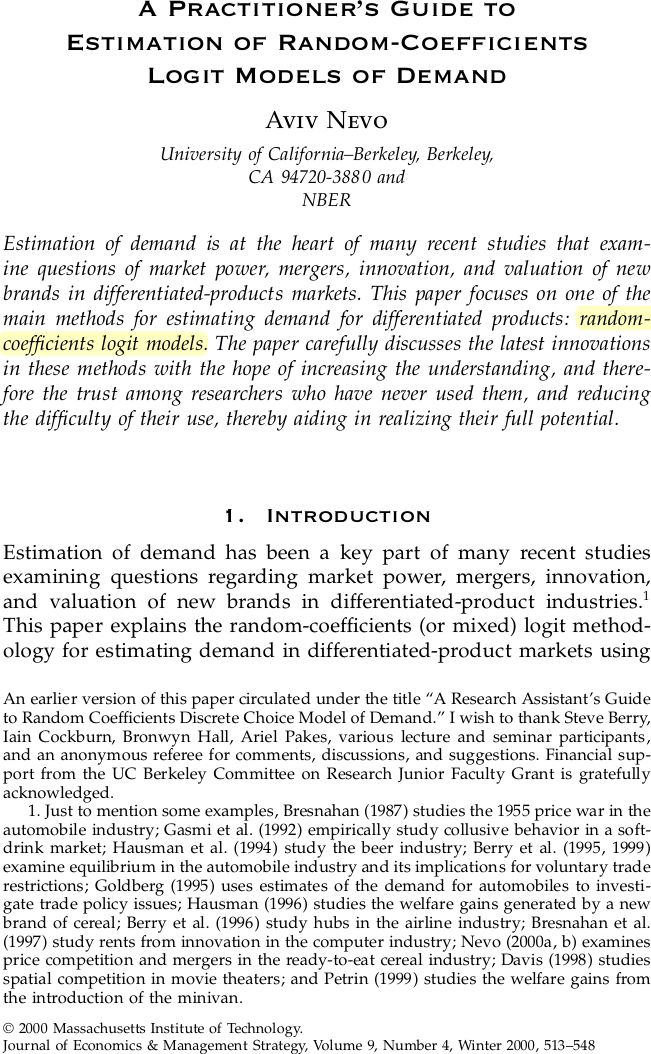 A Practitioner's Guide To Estimation Of Random Coefficients Logit S Demand RAs