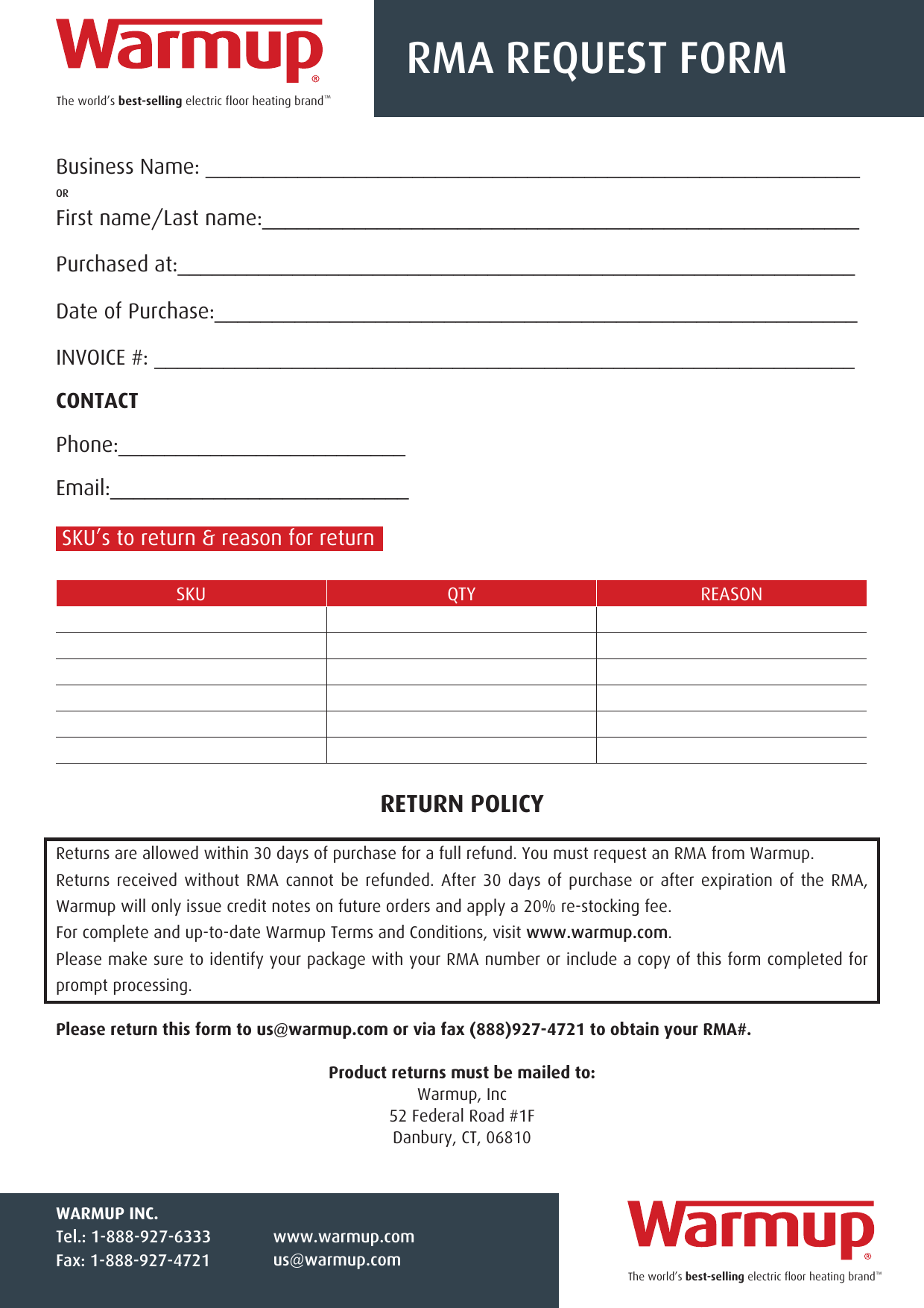 RMA Request Form Warmup1217 USA