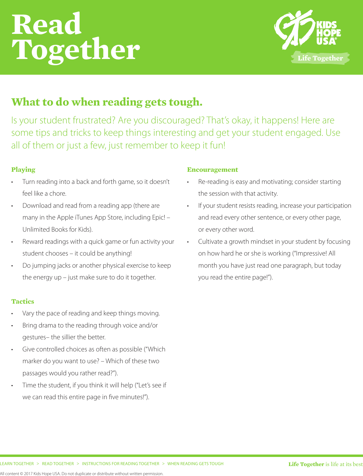 Read Together When Reading Gets Tough Instructions