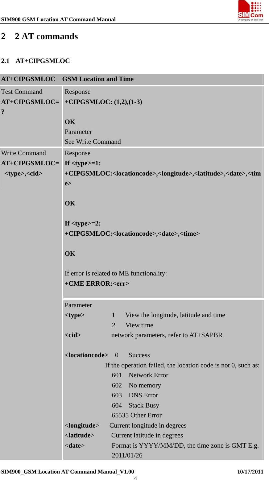 SIM900 GSM Location AT Command Manual V1.00