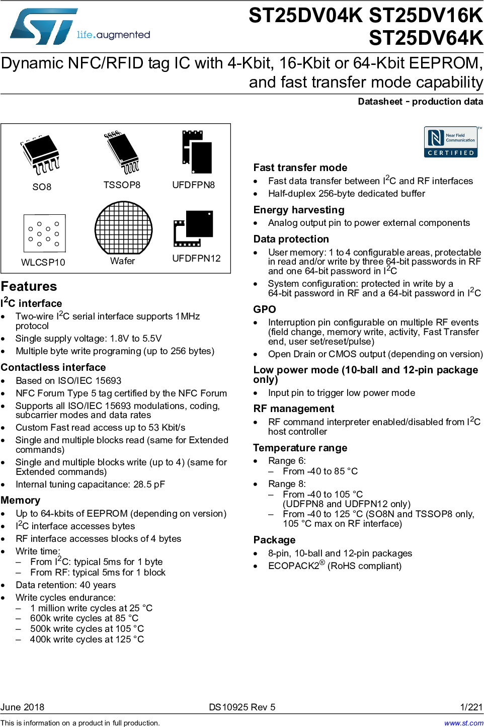 Datasheet ST25DV04K ST25DV16K ST25DV64K Dynamic NFC/RFID Tag IC With 4 ...