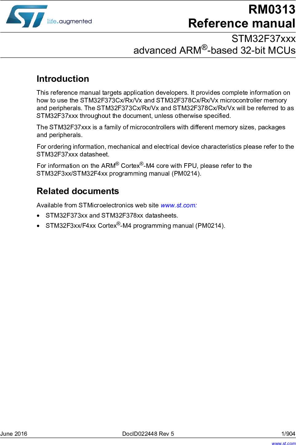 STM32F37xxx Advanced ARM® based 32 bit MCUs STM32F373XX Reference Manual