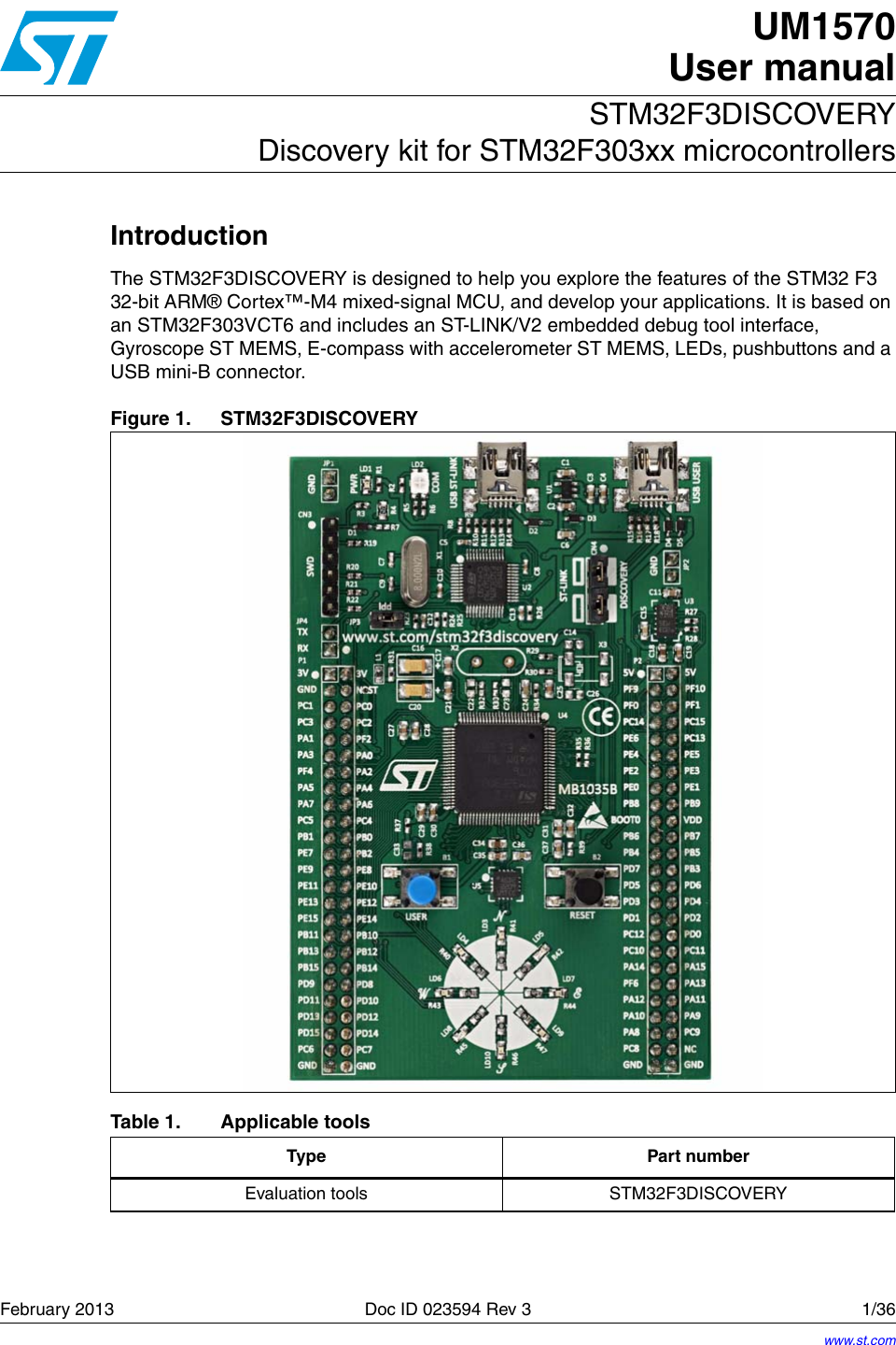 STM32F3DISCOVERY Discovery Kit For STM32F303xx Microcontrollers User Manual