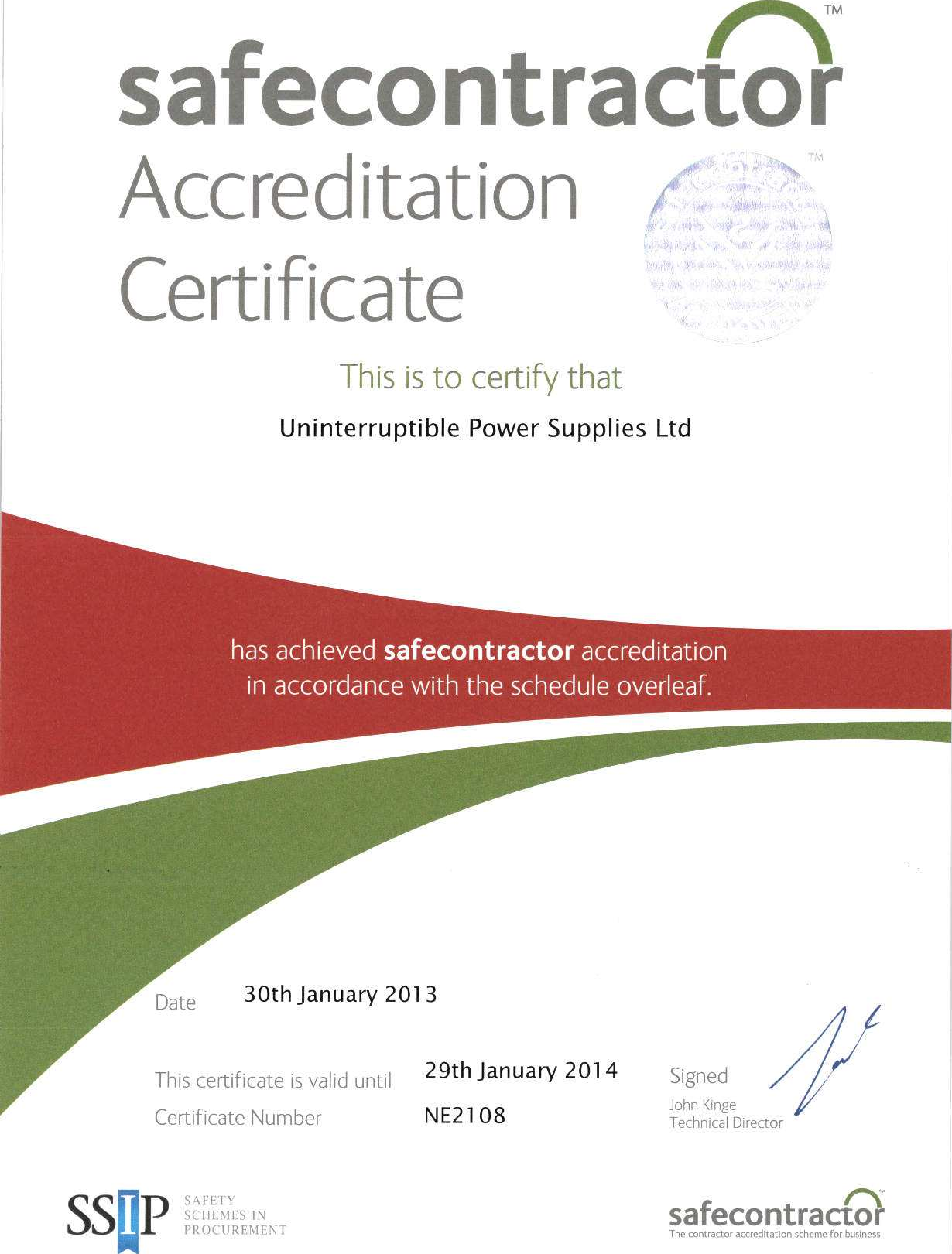 Safe Contractor Certificate 2013