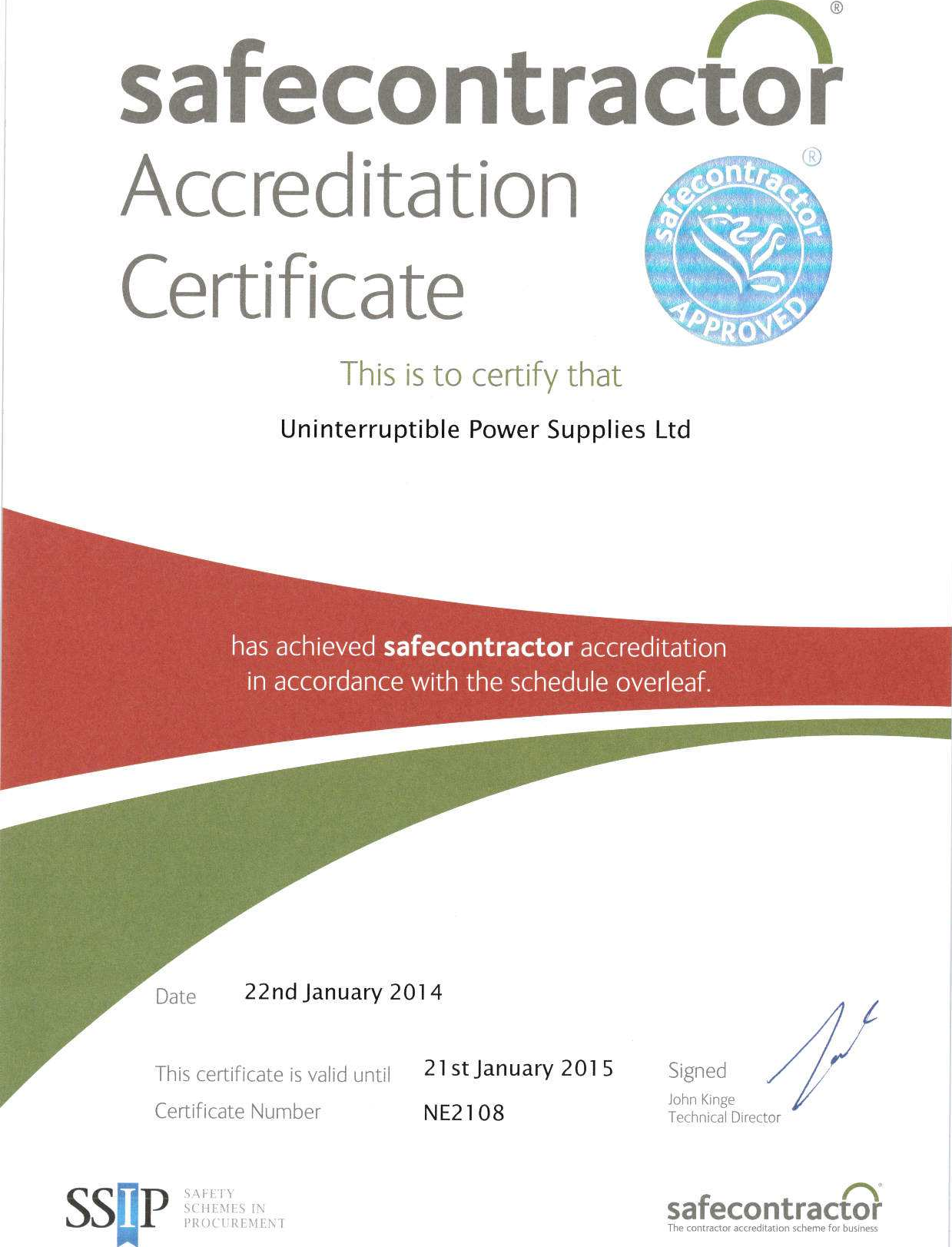 Safe Contractor Certificate 2014