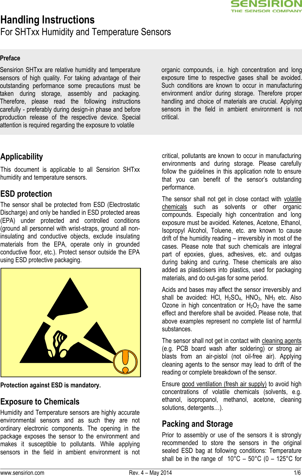 Vorlage Sensirion Humidity Handling Instructions V4