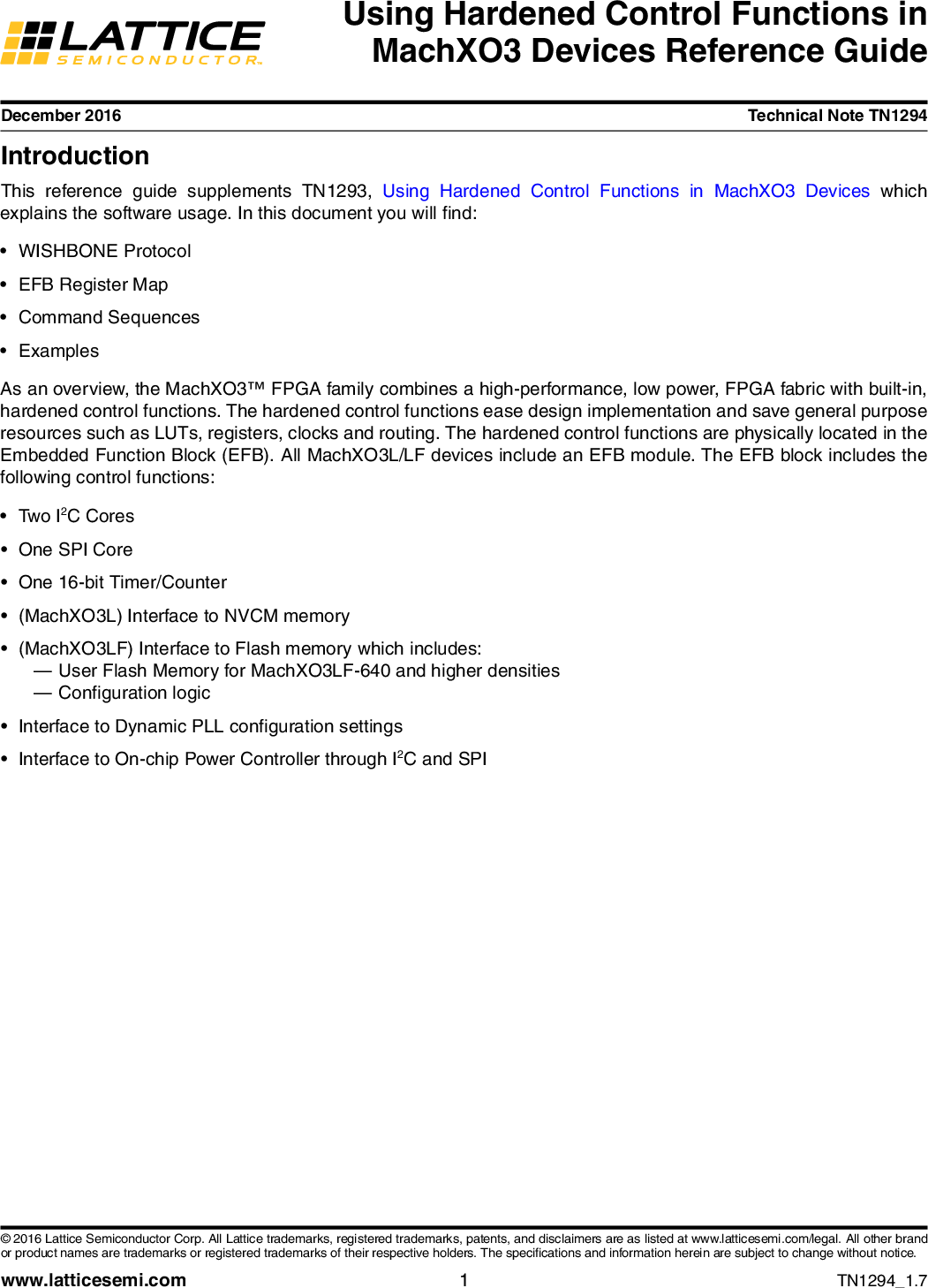 TN1294 Hardened Control Functions In MachXO3 Devices Reference Guide Using Mach XO3