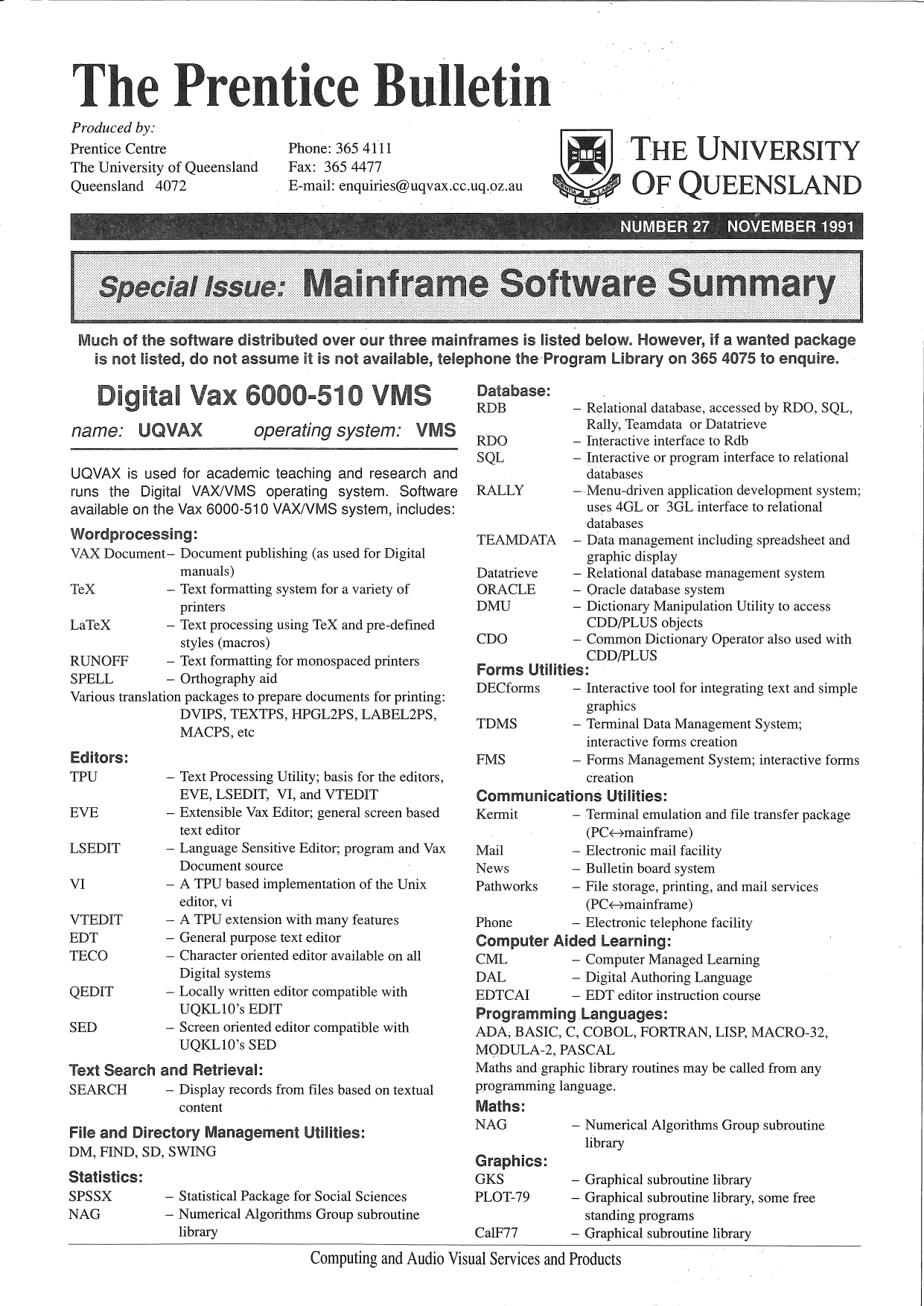 The Prentice Bulletin Number 27, November 1991