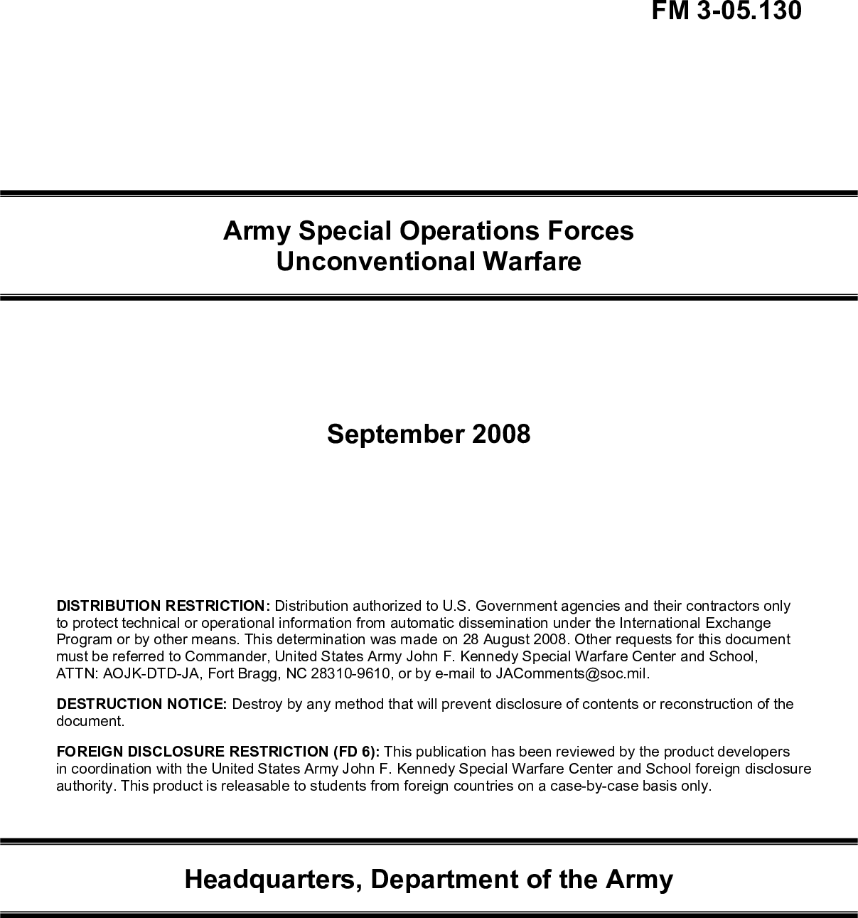 US Military Unconventional Warfare Manual fm3 05 130