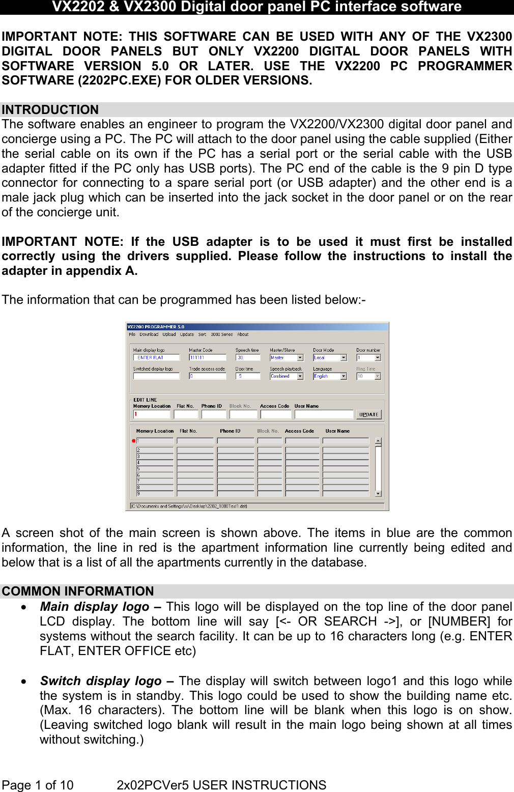 VX2202 Digital Door Panel PC Interface Software VX2200 Prog Guide