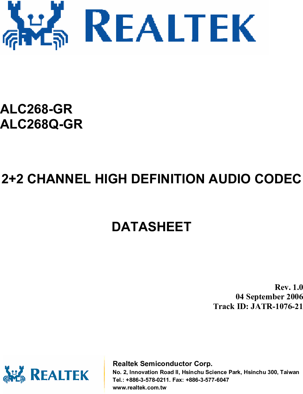 ALC268 GR, ALC268Q GR Datasheet. Www.s manuals.com. R1.0 Realtek