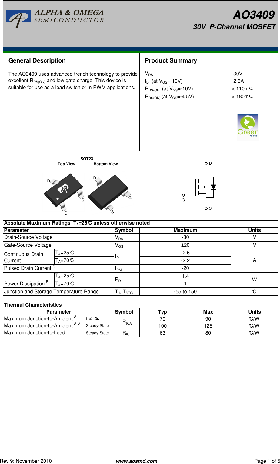 AO3409 Datasheet. Www.s manuals.com. R9 Ao