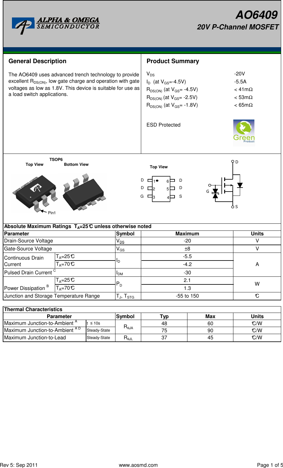 AO6409 Datasheet. Www.s manuals.com. R5 Ao