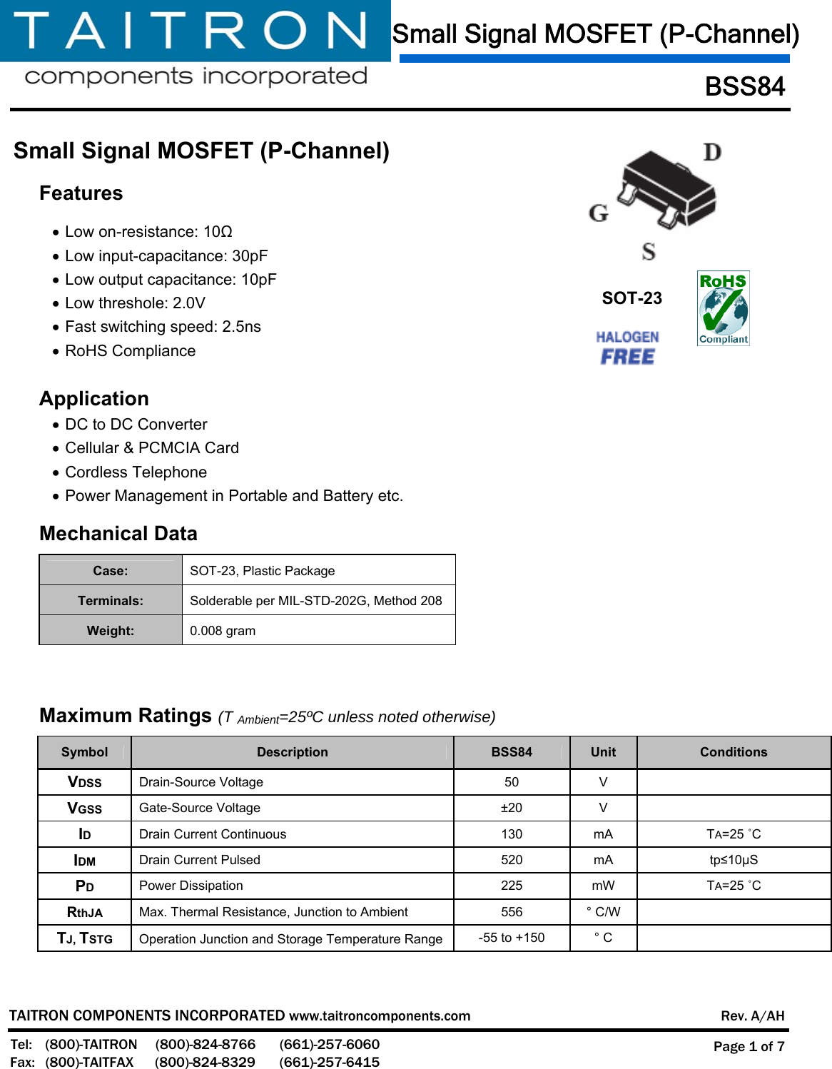 BSS84 Datasheet. Www.s manuals.com. Taitron