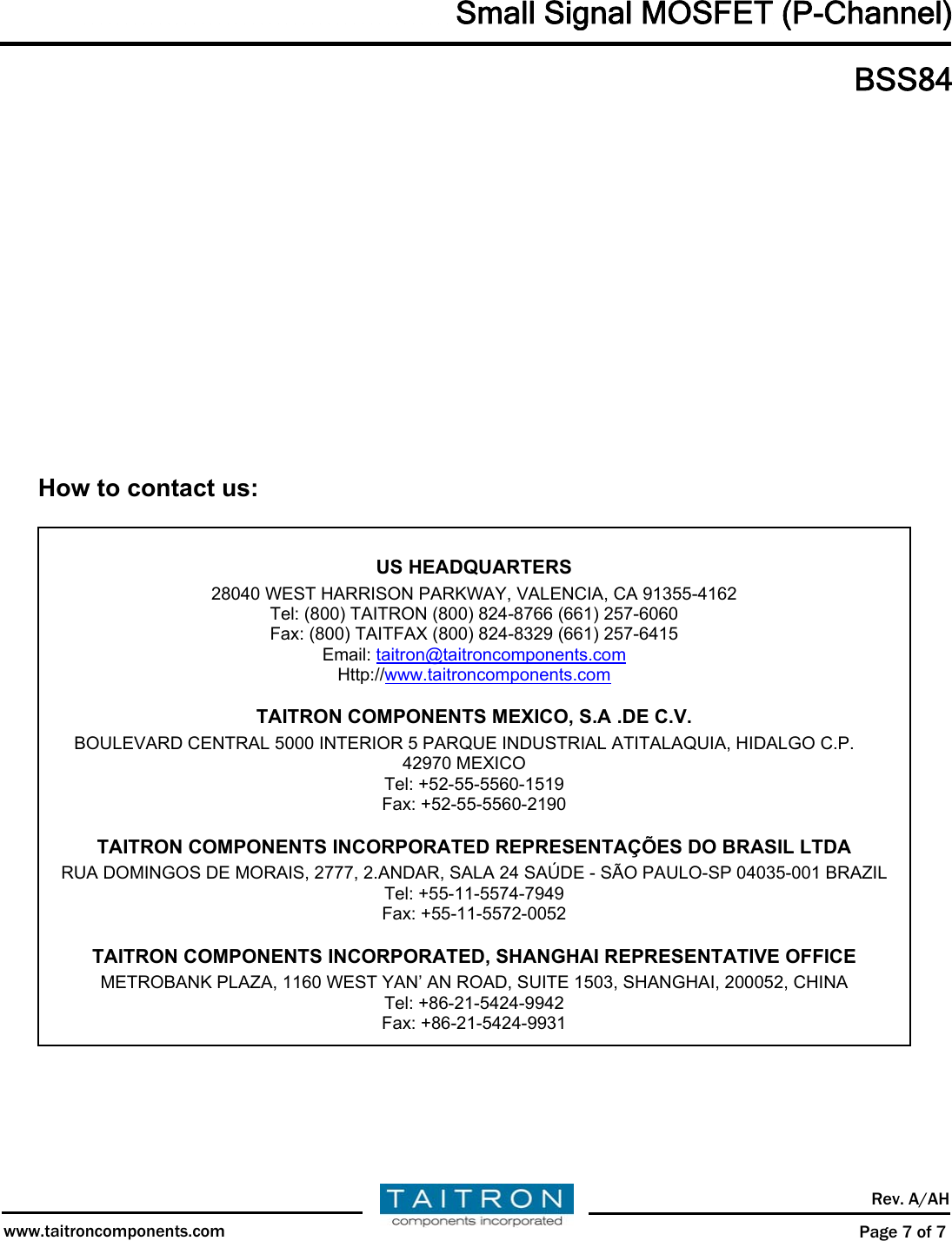 BSS84 Datasheet. Www.s manuals.com. Taitron