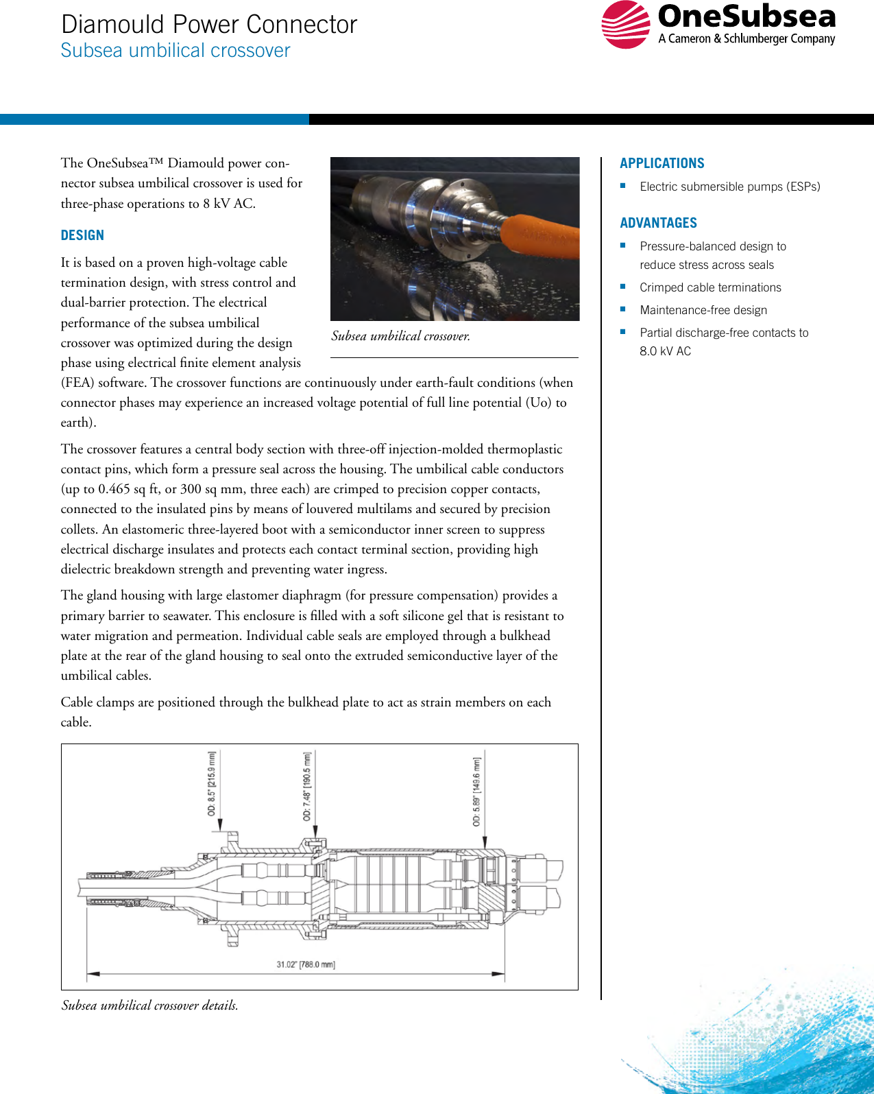Diamould power connector subsea umbilical crossover