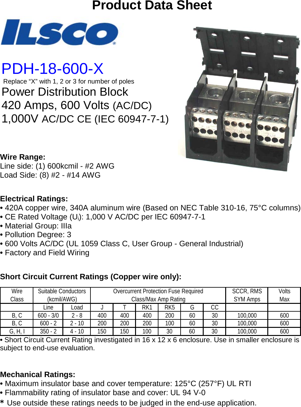 Instructions –Data Sheet PDH 18 600 X S Ilsco Reference Power ...
