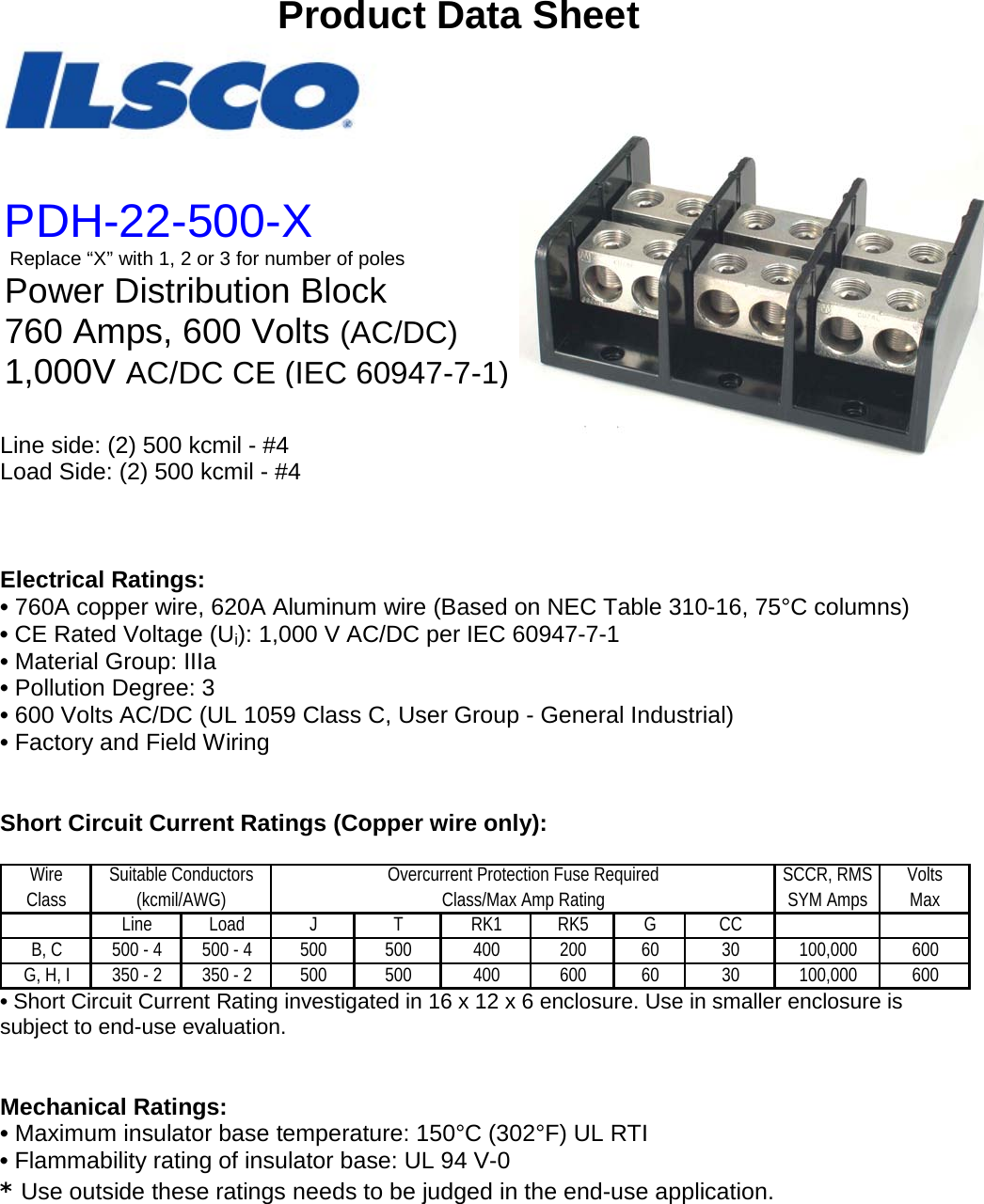 Instructions –Data Sheet PDH 22 500 X S Ilsco Reference Power Distribution Block Product Data Sheets