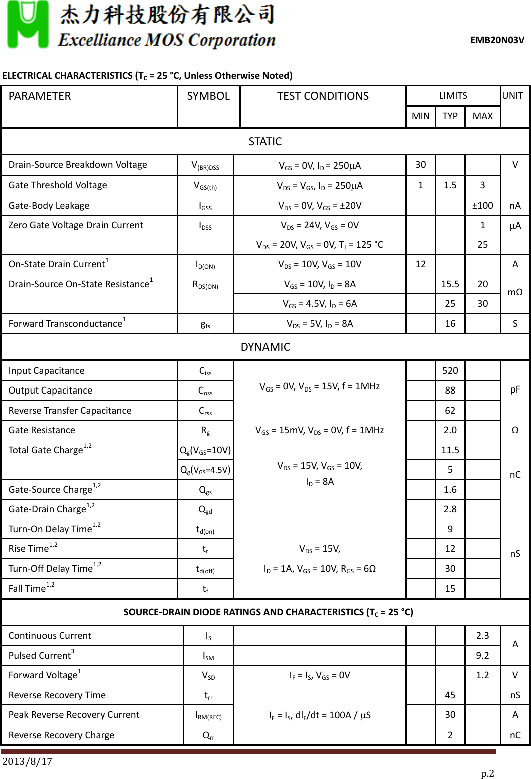 EMB20N03V Datasheet. Www.s manuals.com. Excelliancemos