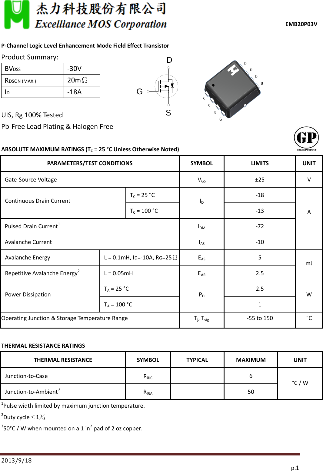 EMB20P03V Datasheet. Www.s manuals.com. 20130918 Excelliancemos