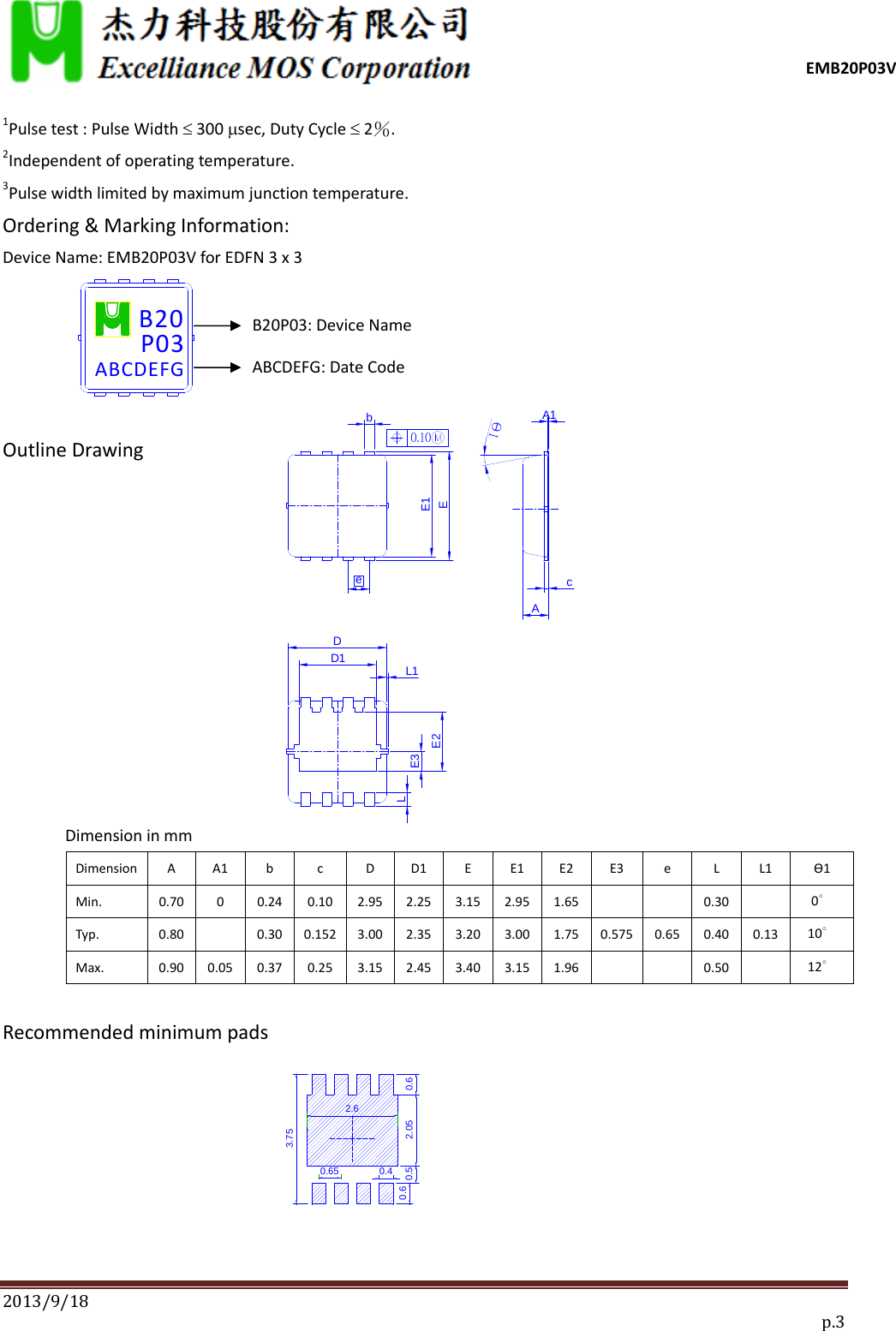 EMB20P03V Datasheet. Www.s manuals.com. 20130918 Excelliancemos