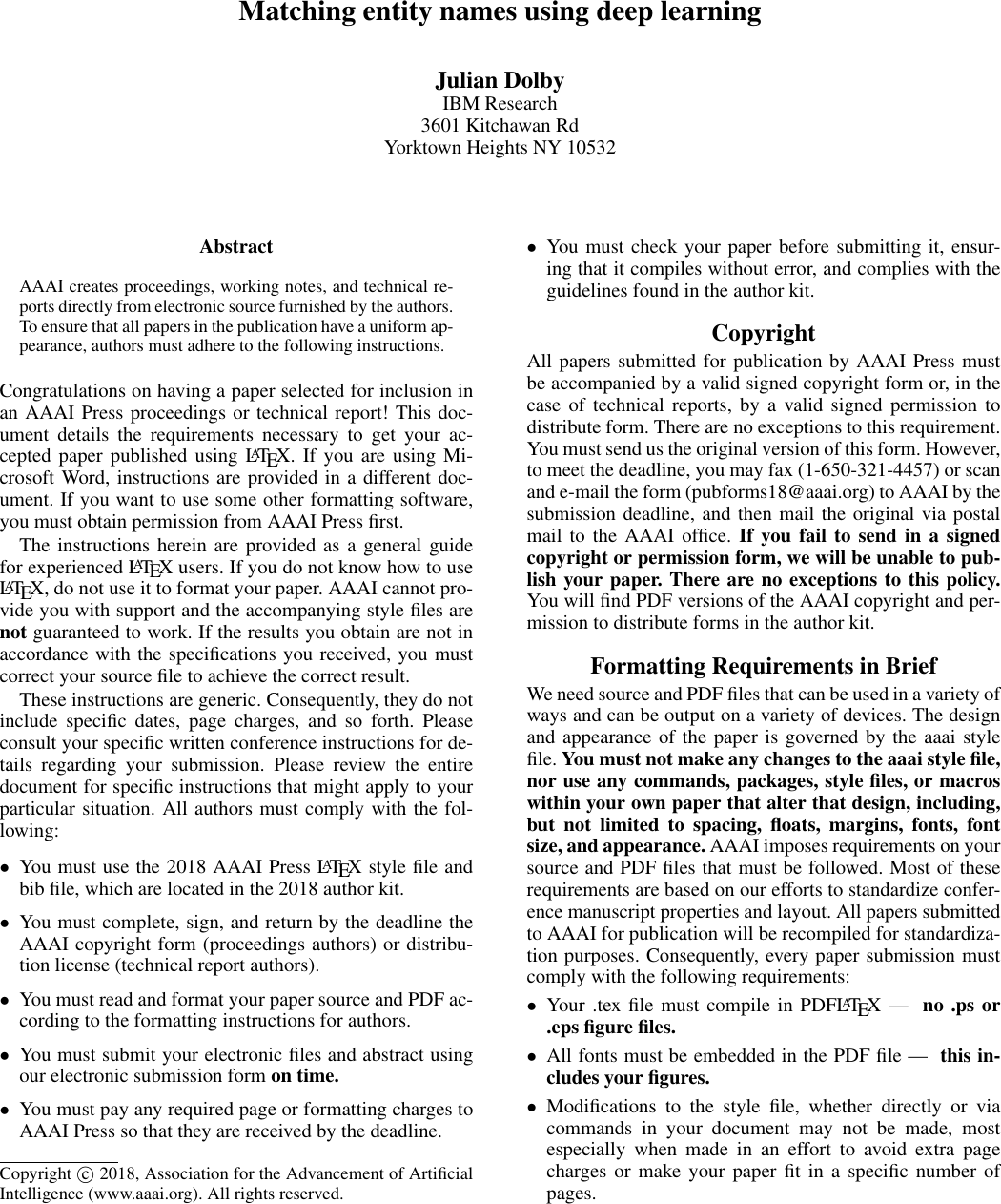 Matching Entity Names Using Deep Learning Formatting Instructions Latex 2018