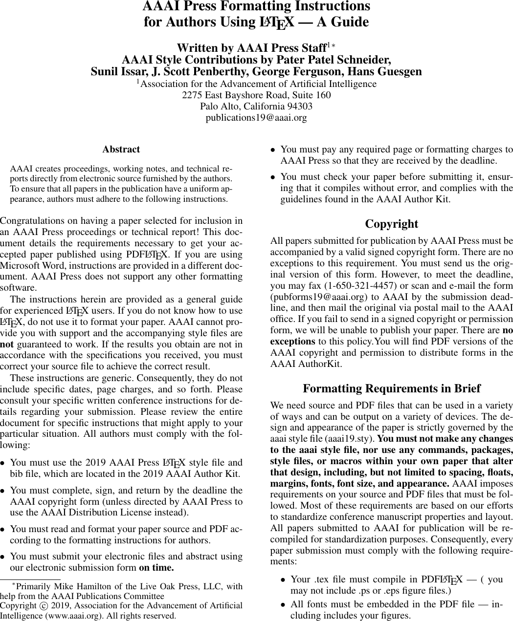 AAAI Press Formatting Instructions For Authors Using LaTeX A Guide 2019