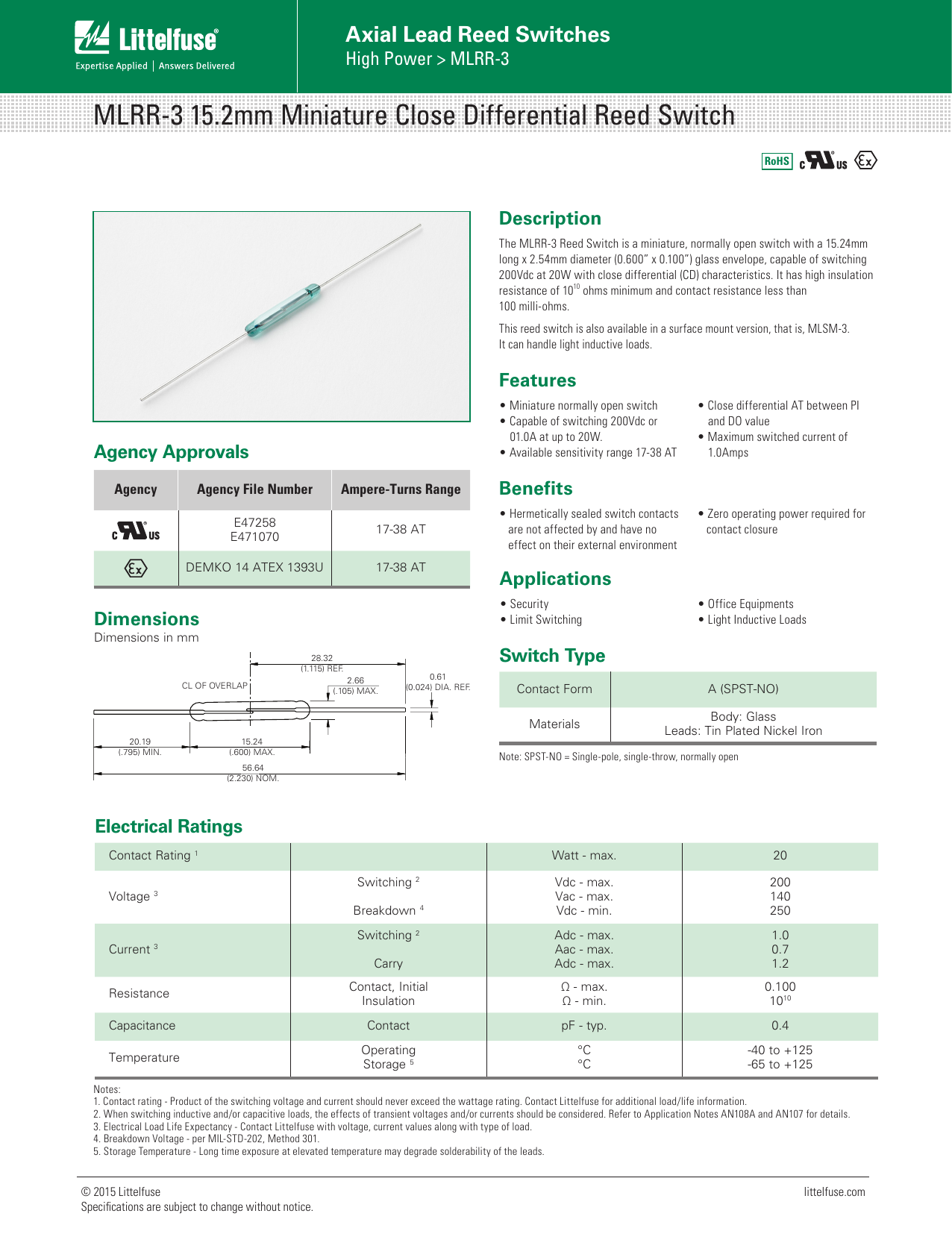 Littelfuse Reed Switches Mlrr 3 Datasheet