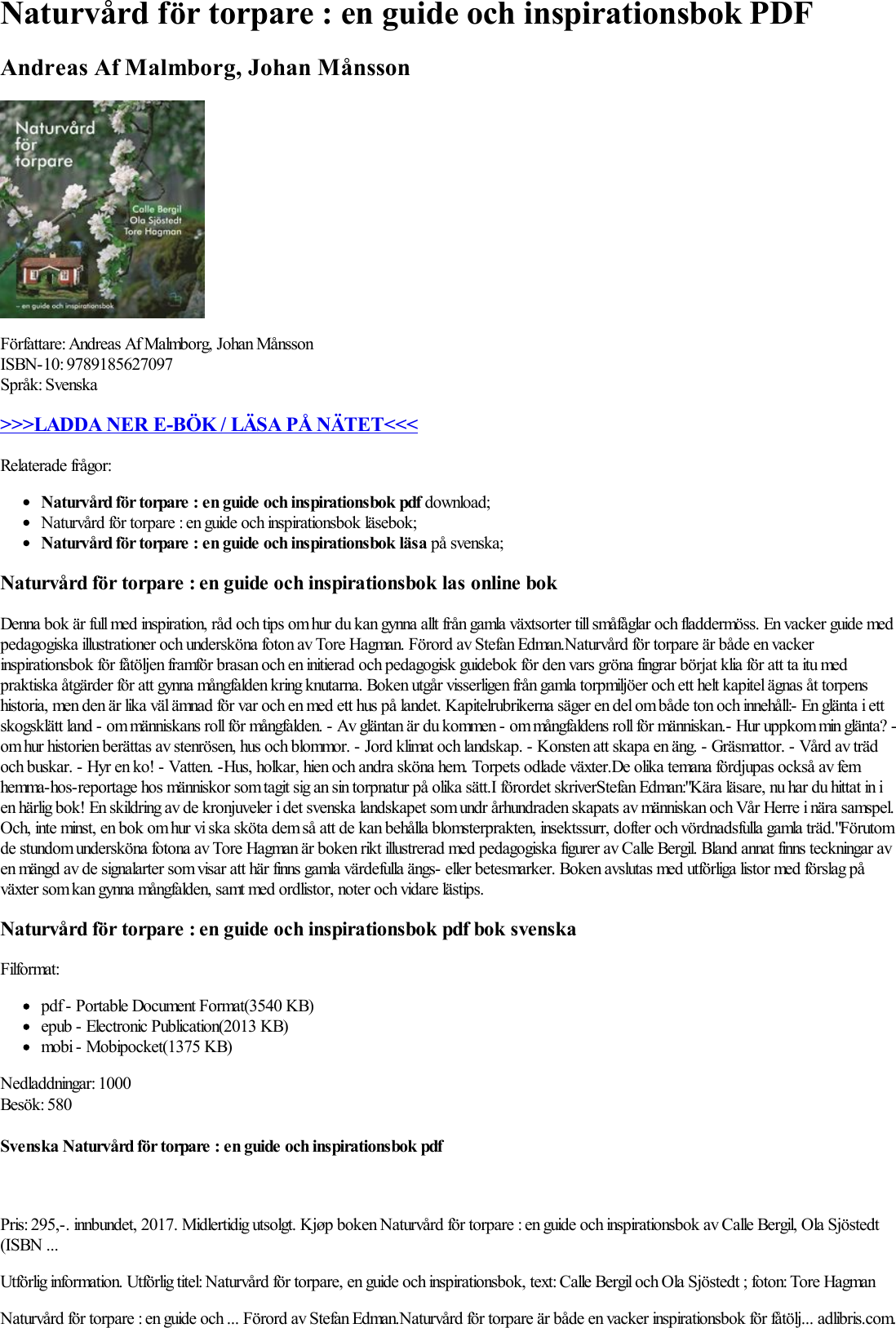 Naturvard For Torpare : En Guide Och Inspirationsbok PDF EPUB LADDA NER