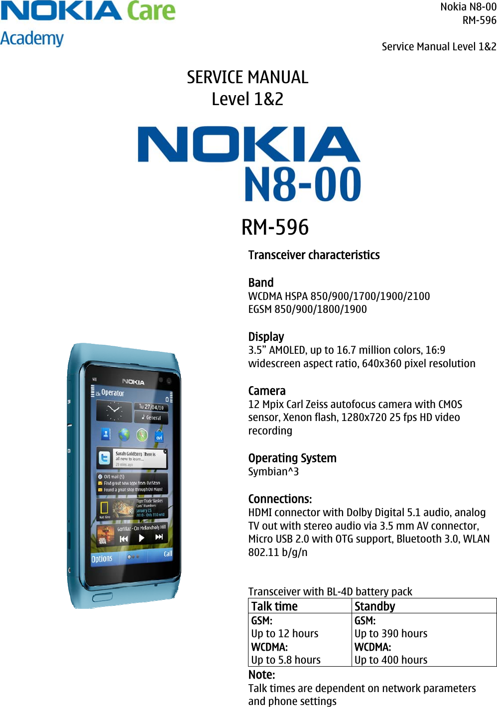 Nokia N8 00 RM 596 Service Manual Level 1&2. Www.s manuals.com. 1,2 V1.0