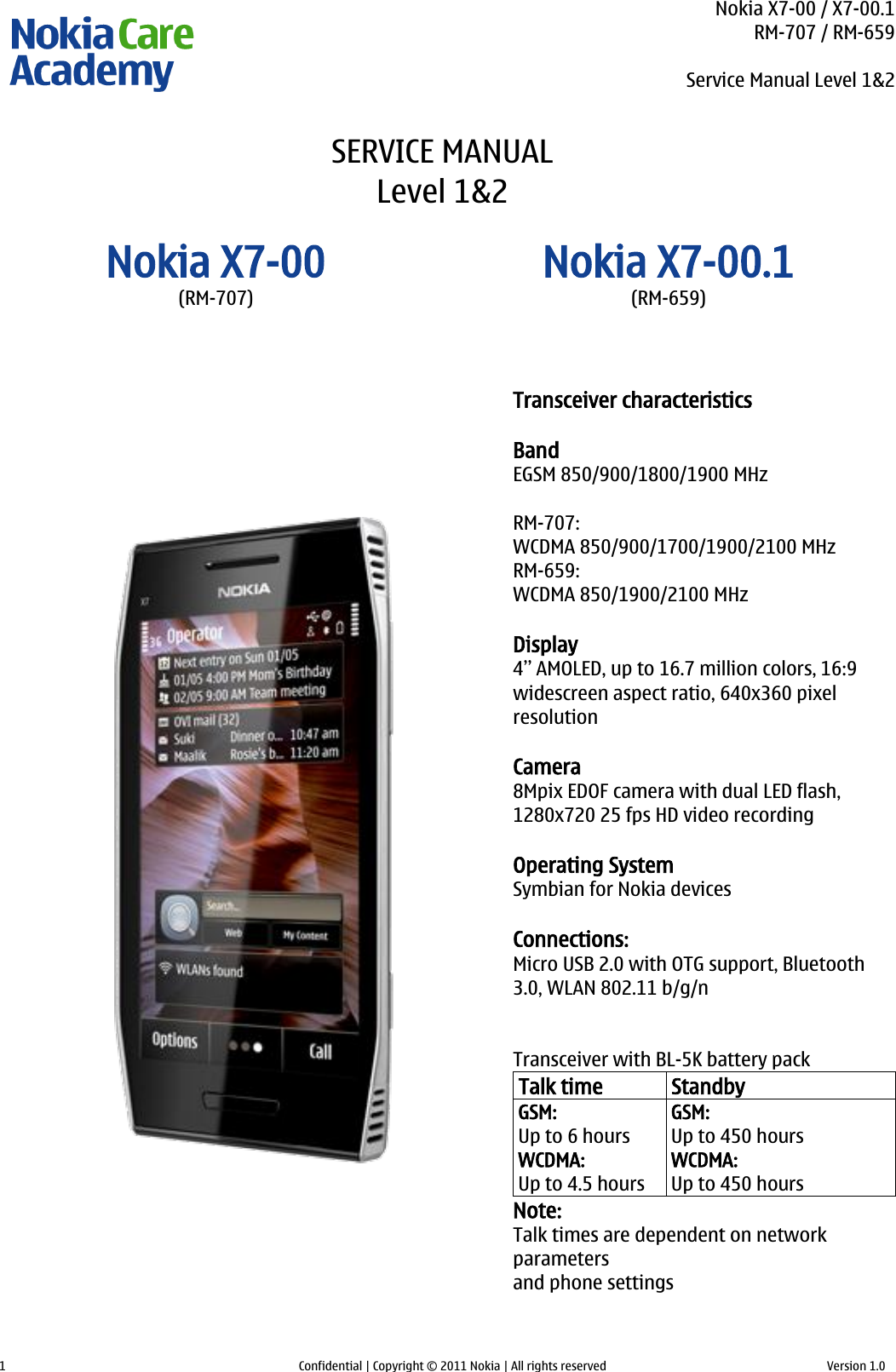 Nokia X7 00/X7 00.1 RM 707/RM 659 Service Manual Level 1&2 00 Rm707 12 V1