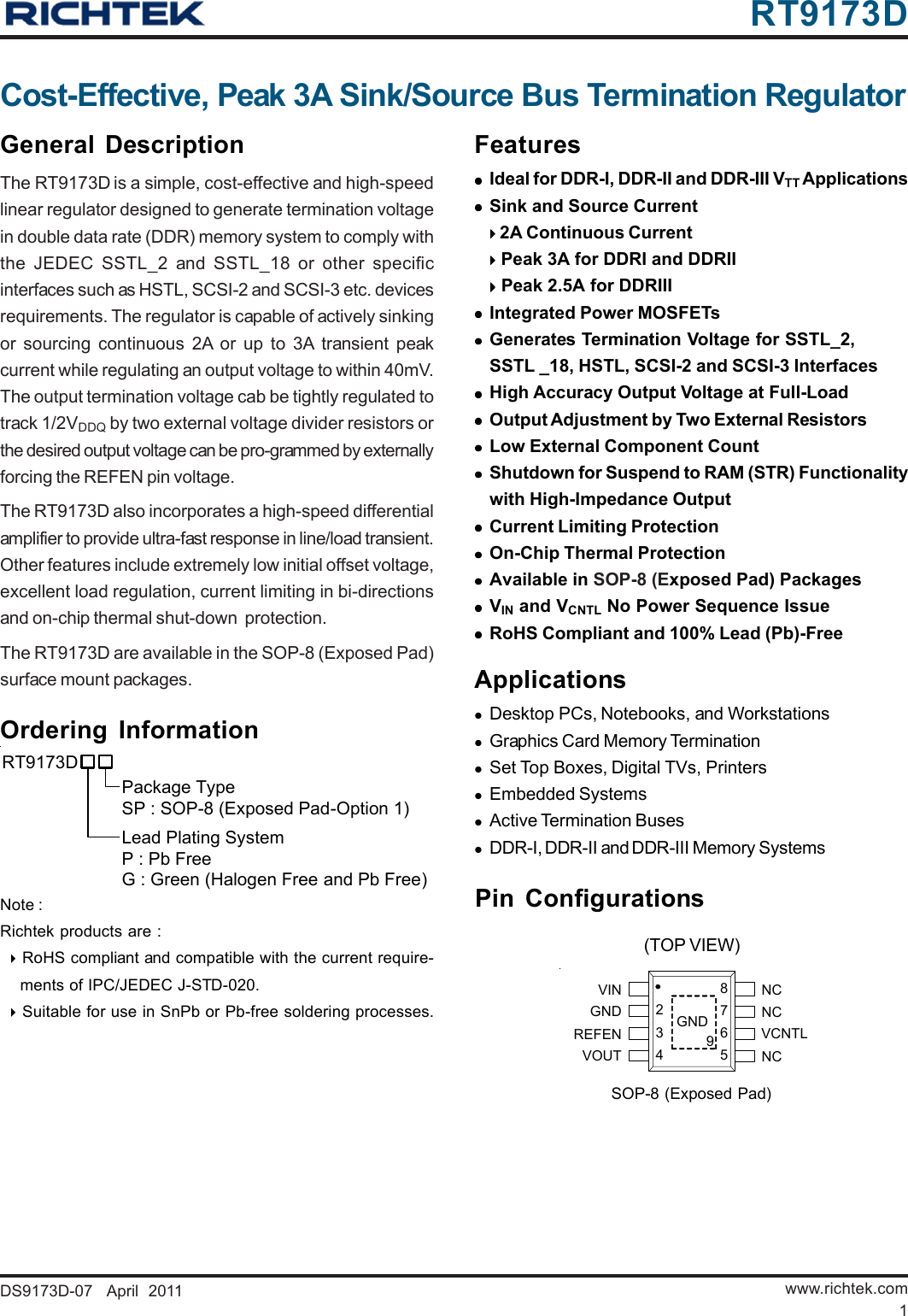RT9173D Datasheet. Www.s manuals.com. R07 Richtek