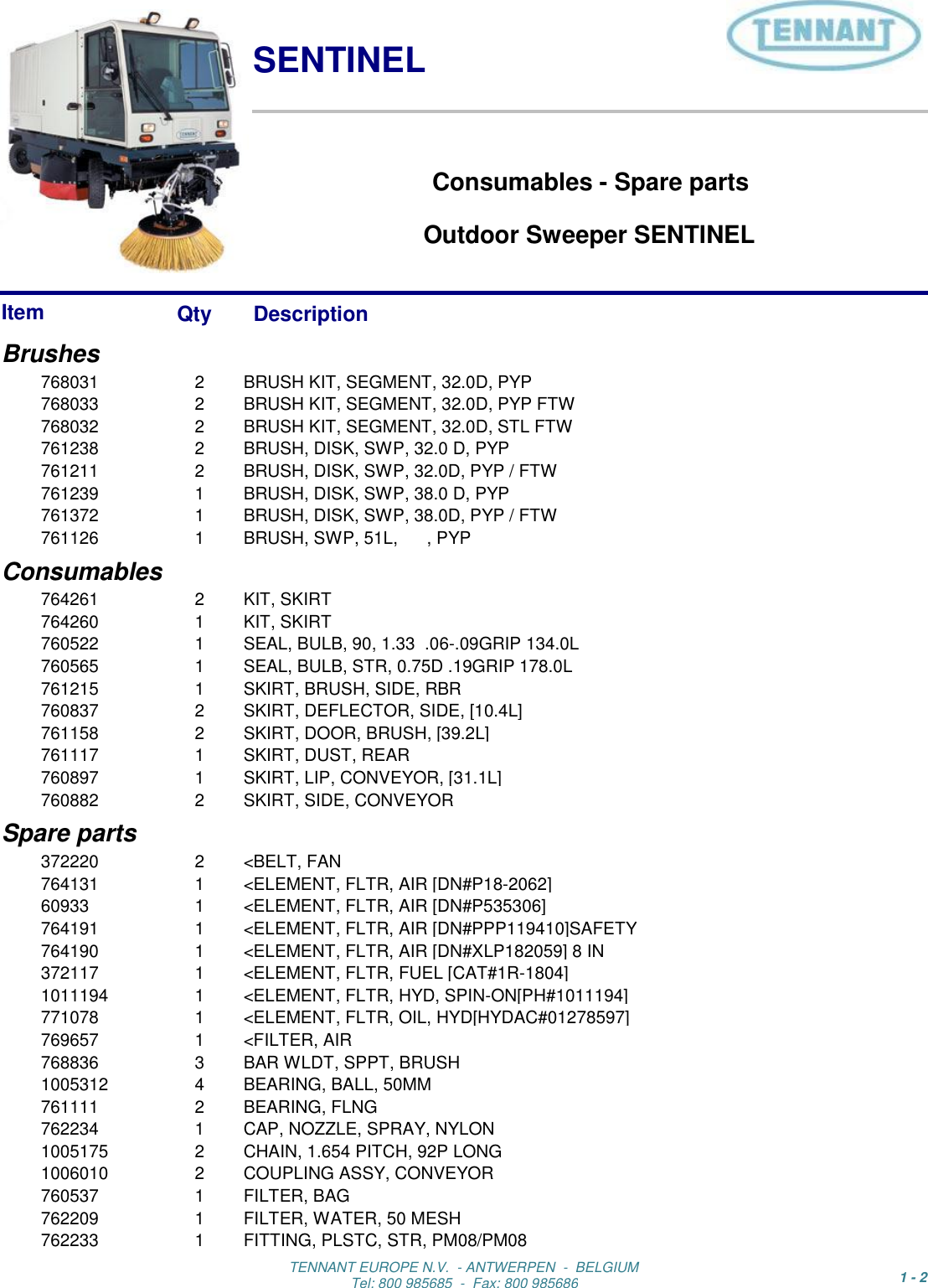 Tennant Part Price List Sentinel brochure consumables