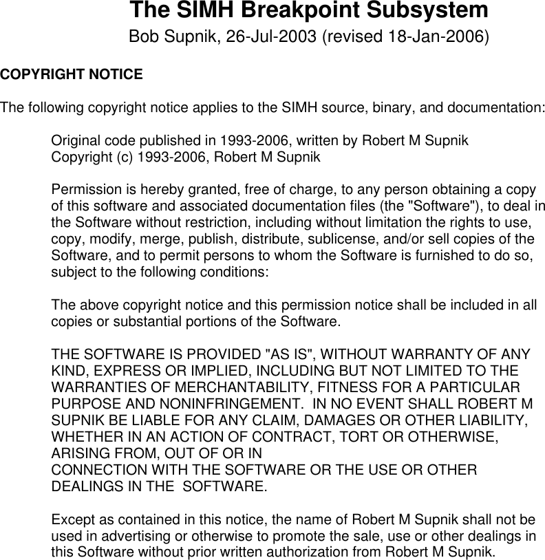 The SIMH Breakpoint Subsystem PDF Breakpoints