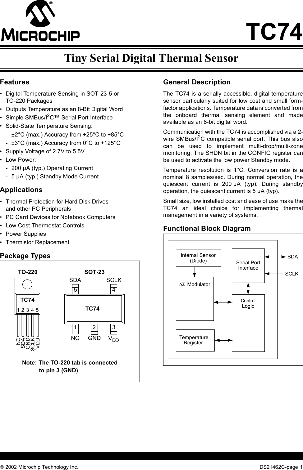 Tiny Serial Digital Thermal Sensor Tc74 Microchip