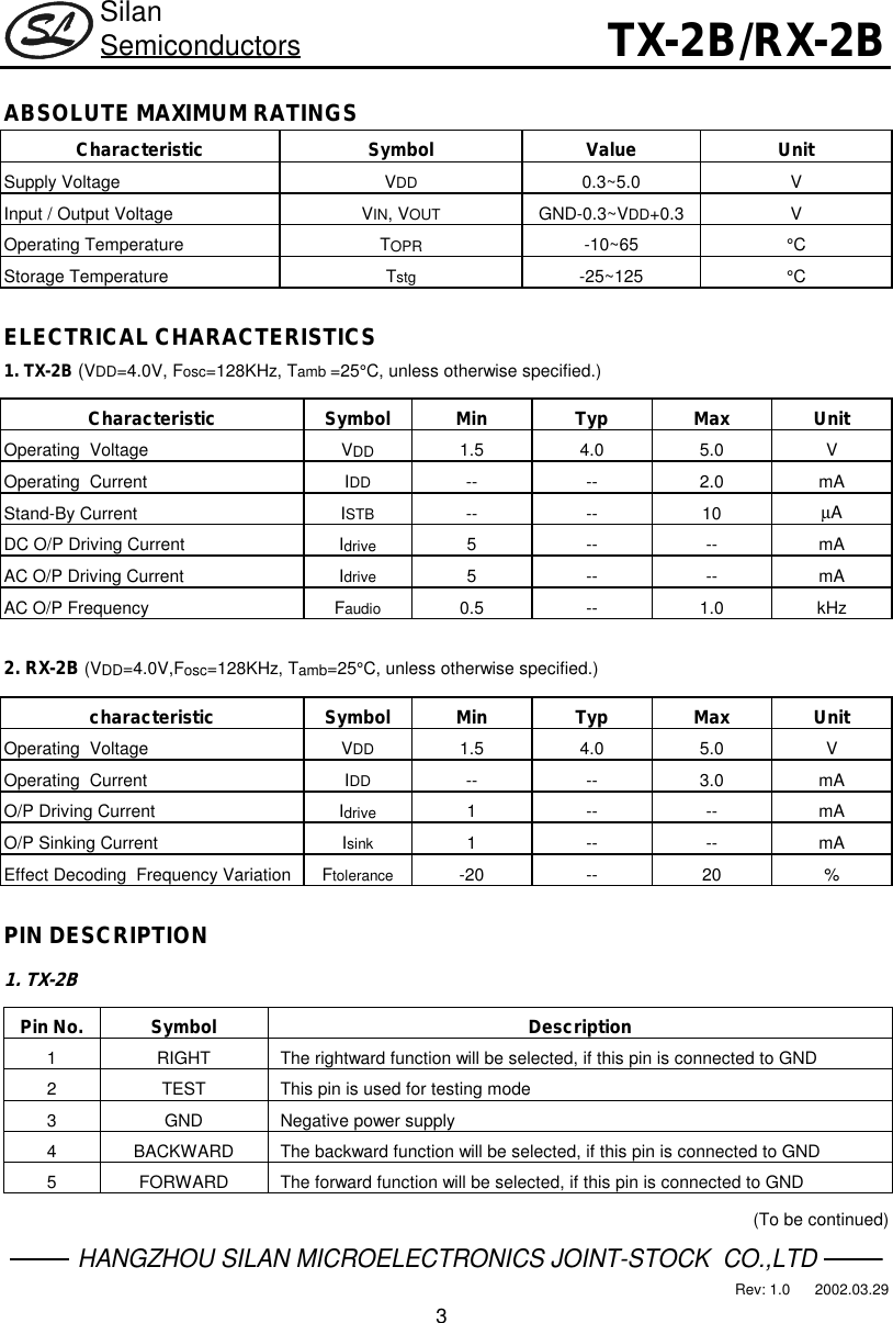 TX 2B, RX 2B Datasheet. Www.s manuals.com. R1.0 Silan