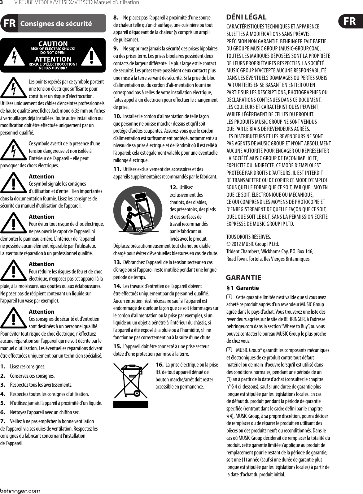 VIRTUBE VT30FX/VT15FX/VT15CD Behringer VT30FX User Manual (French ...