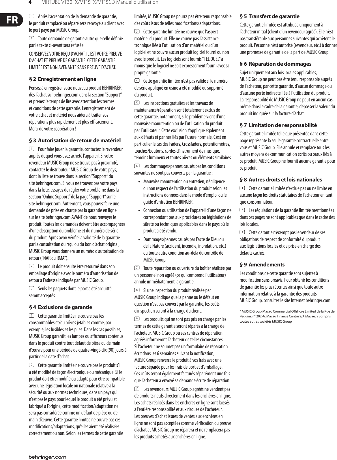 VIRTUBE VT30FX/VT15FX/VT15CD Behringer VT30FX User Manual (French ...