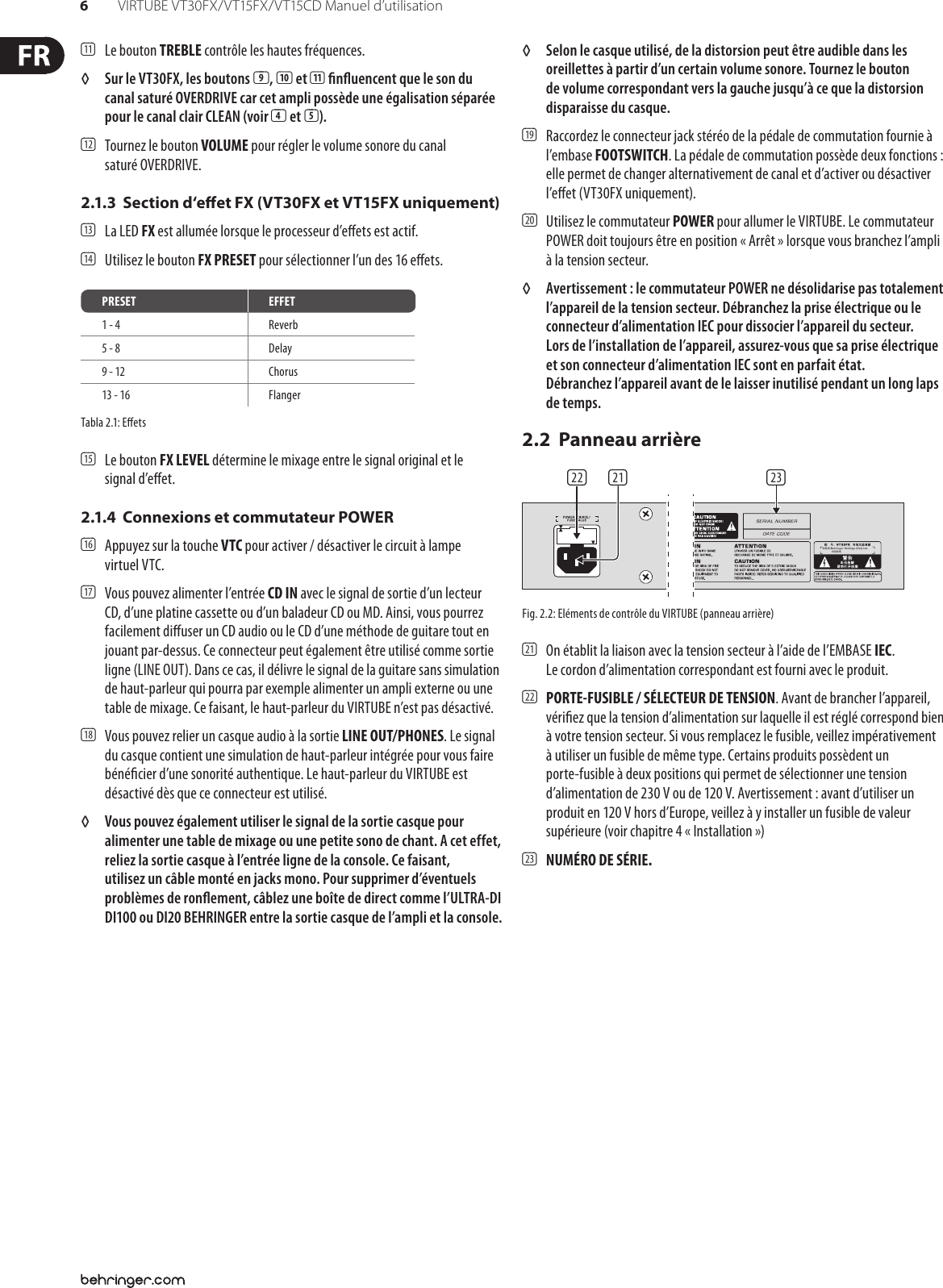 VIRTUBE VT30FX/VT15FX/VT15CD Behringer VT30FX User Manual (French ...