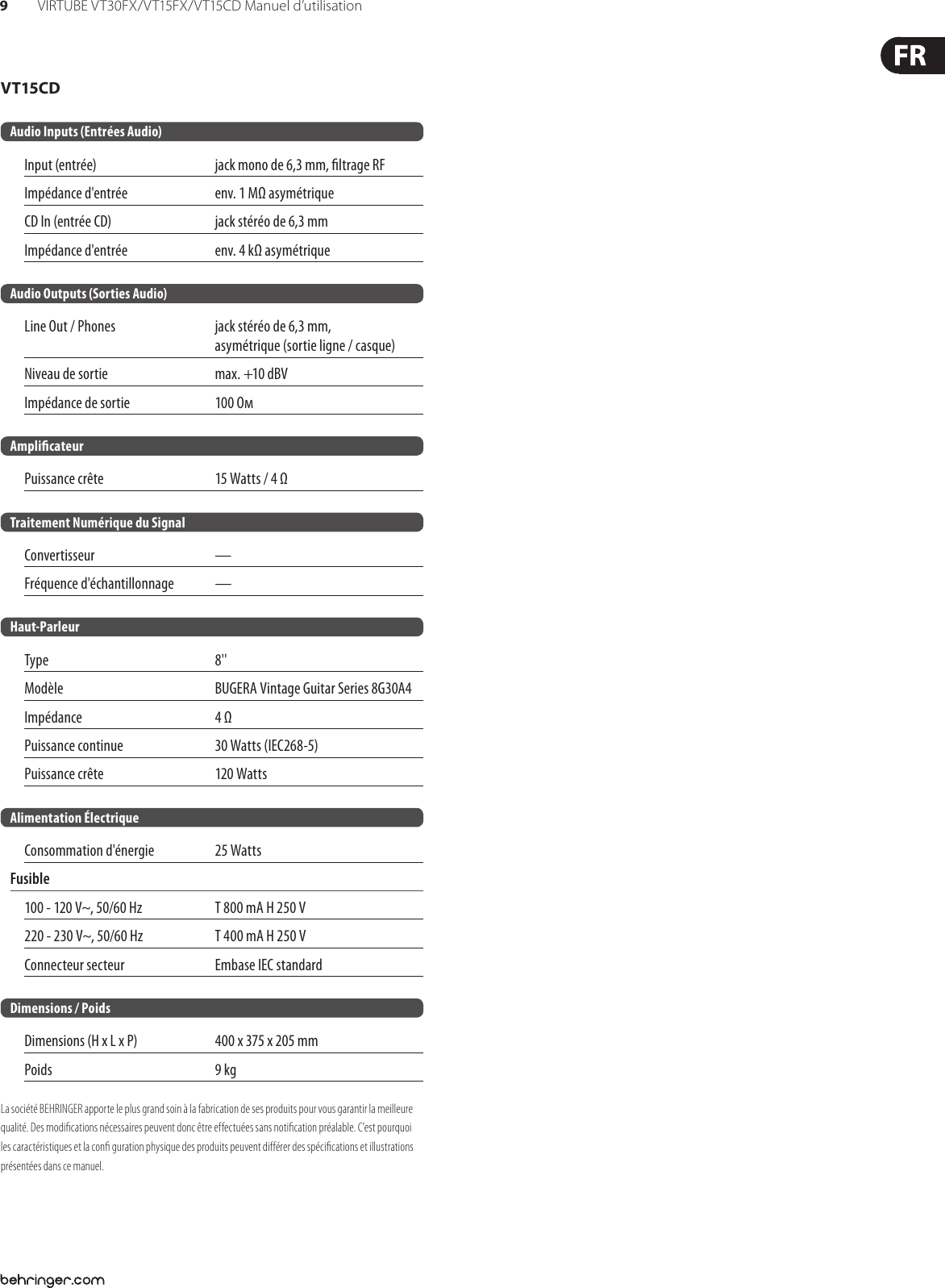 VIRTUBE VT30FX/VT15FX/VT15CD Behringer VT30FX User Manual (French ...