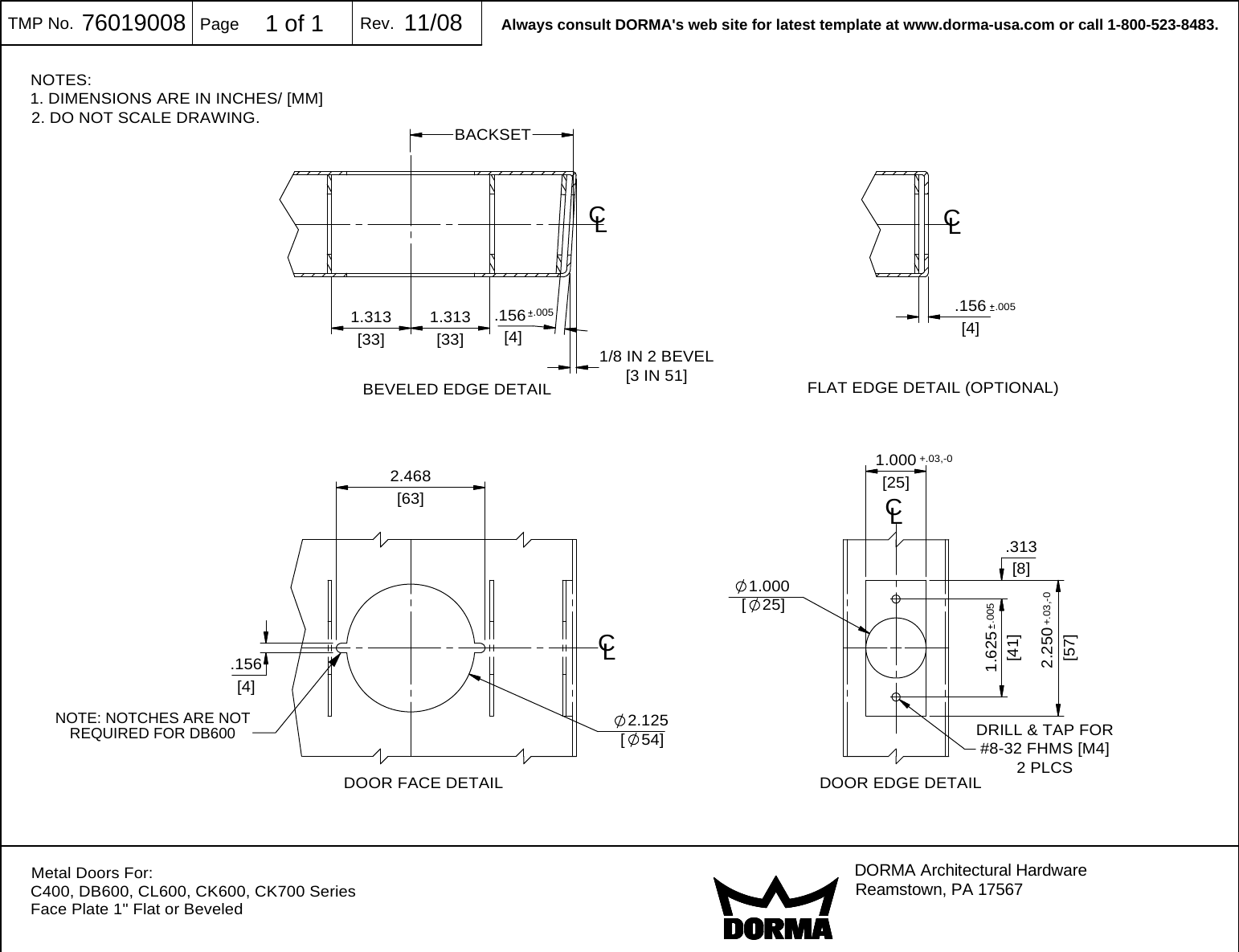Dorma 76019008 CK700 M Rev1108 Shee D800/DB600 Metal Door W/ 1 1/8 Face ...
