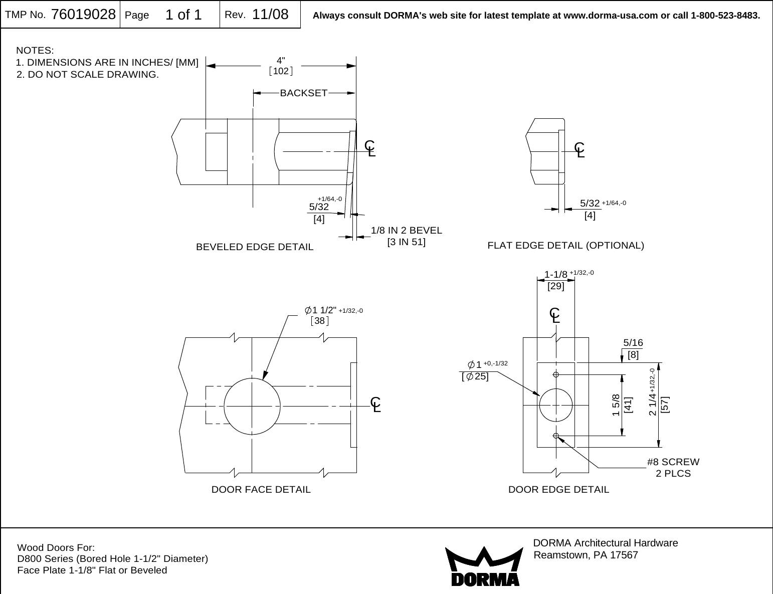 Dorma 76019028 D800 WD Rev1108 Shee 1 1/2 Bored Wood/Metal Door ...