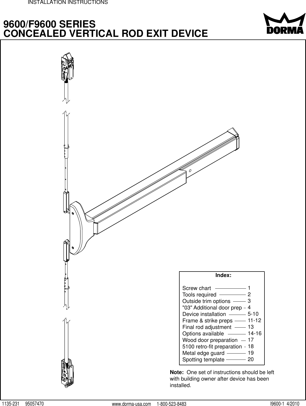 Dorma 9600/F9600 Series CVR Installation Instructions I 9600 1 rev 04 10